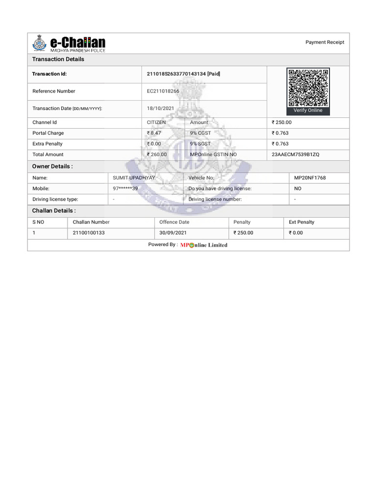 Show Payment Receipt - E-Challan | PDF