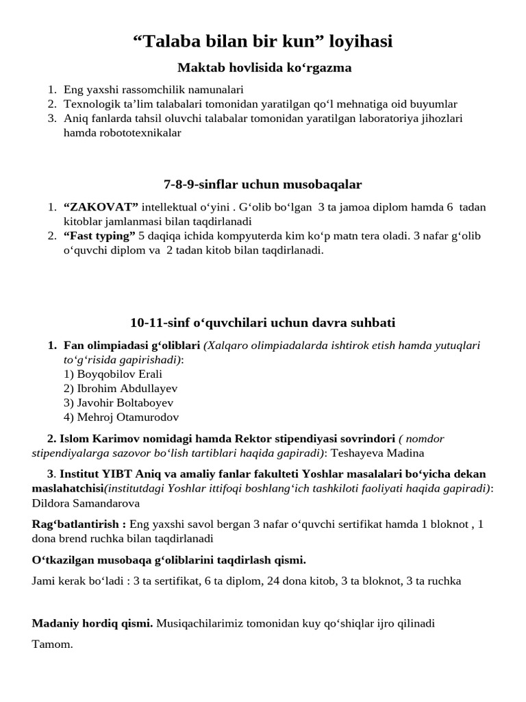 Talaba Bilan Bir Kun Loyihasi | PDF