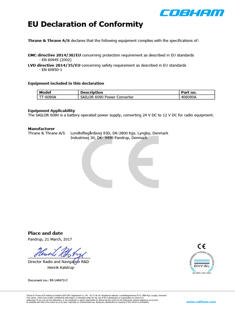 EU Declaration of Conformity for SAILOR 6090 | PDF