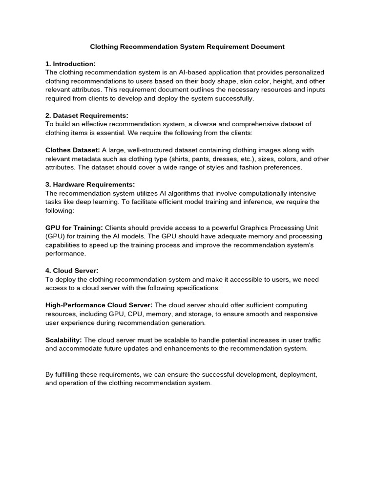 Clothing Recommendation System Requirement Document | PDF