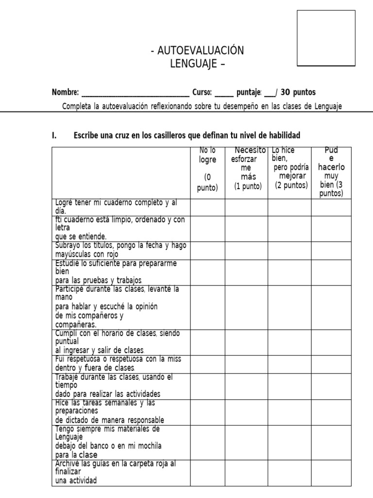 AUTOEVALUACIÓN LENGUAJE I Semestre | PDF