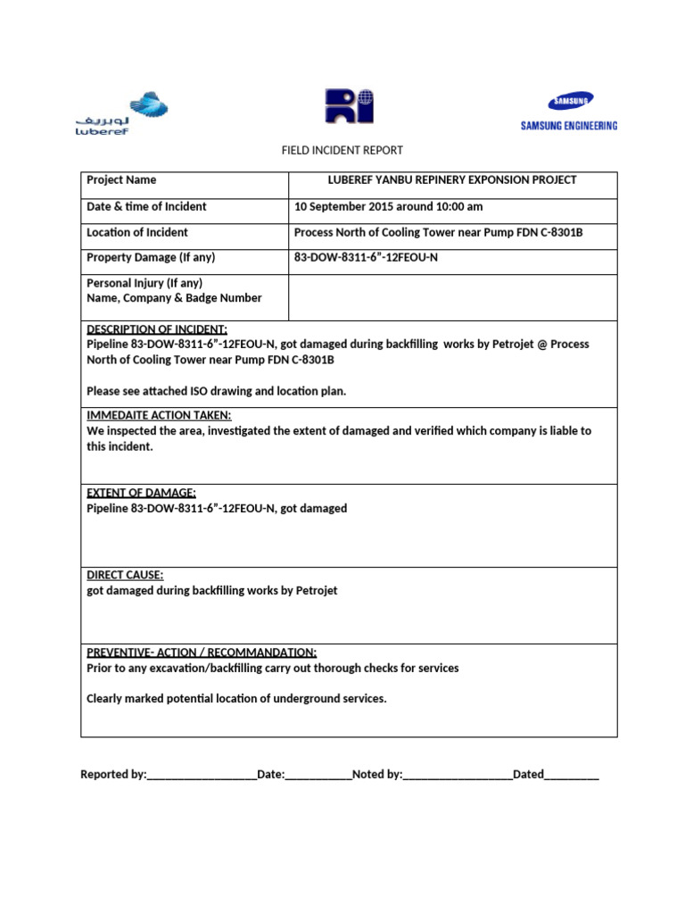 Pipeline Damage Incident Report | PDF