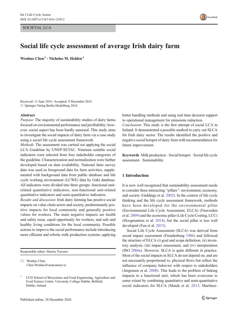 Social Life Cycle Assessment of Average Irish Dairy Farm | PDF | Life ...