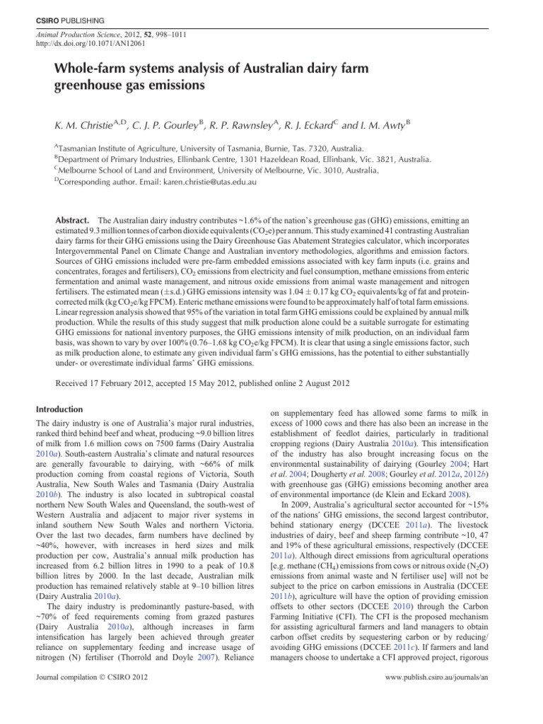 Whole-Farm Systems Analysis of Australian Dairy Farm Greenhouse Gas ...