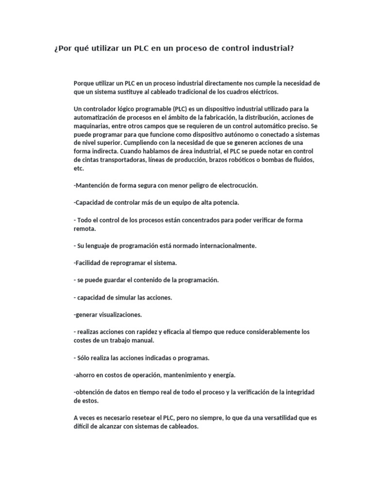 Por Qué Utilizar Un PLC en Un Proceso de Control Industrial | PDF