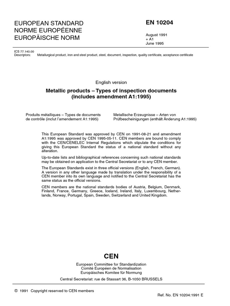 En 10204 1995 | PDF | Regulatory Compliance | Specification (Technical Standard)