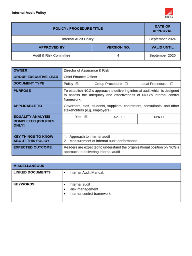 NCG Internal Audit Policy | PDF | Internal Audit | Audit
