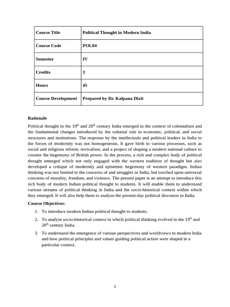 Political Thought in Modern India - 3 Credits | PDF | Mahatma Gandhi | Thought