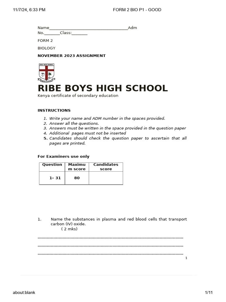 FORM 2 BIO P1 - GOOD | PDF | Physiology