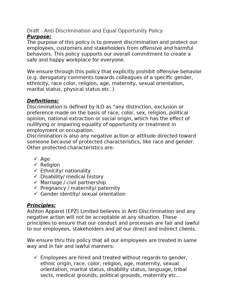 Draft - Anti-Descrimination and Equal Opportunity Policy | PDF ...