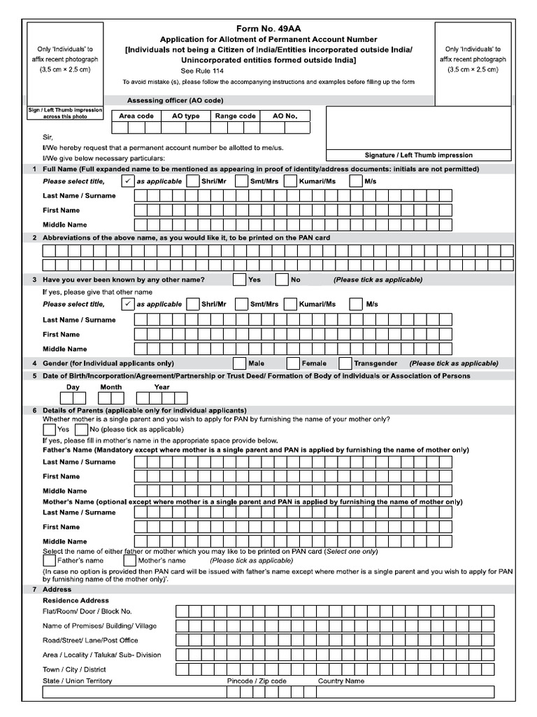 Form - 49AA OCI Pan Application | PDF
