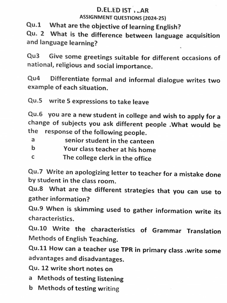 English Assignment Question D. El. Ed - 1ST Year | PDF