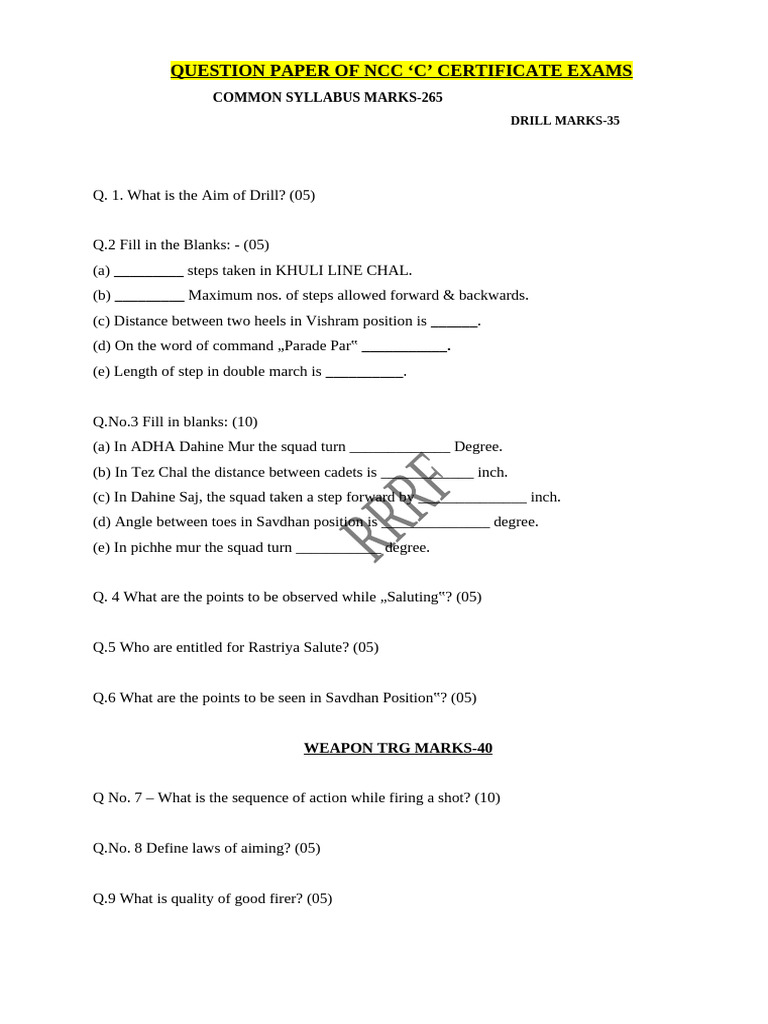 NCC Model Exam C | PDF | Sanitation | Projectile Weapons