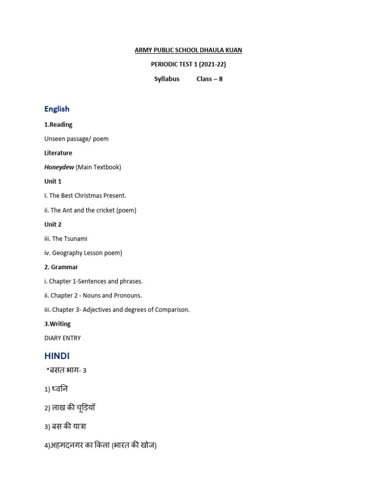 Class 8 Pt1 Syllabus | PDF