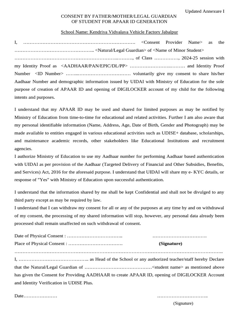 Consent Form APAAR ID-1 | PDF | Privacy | Access Control