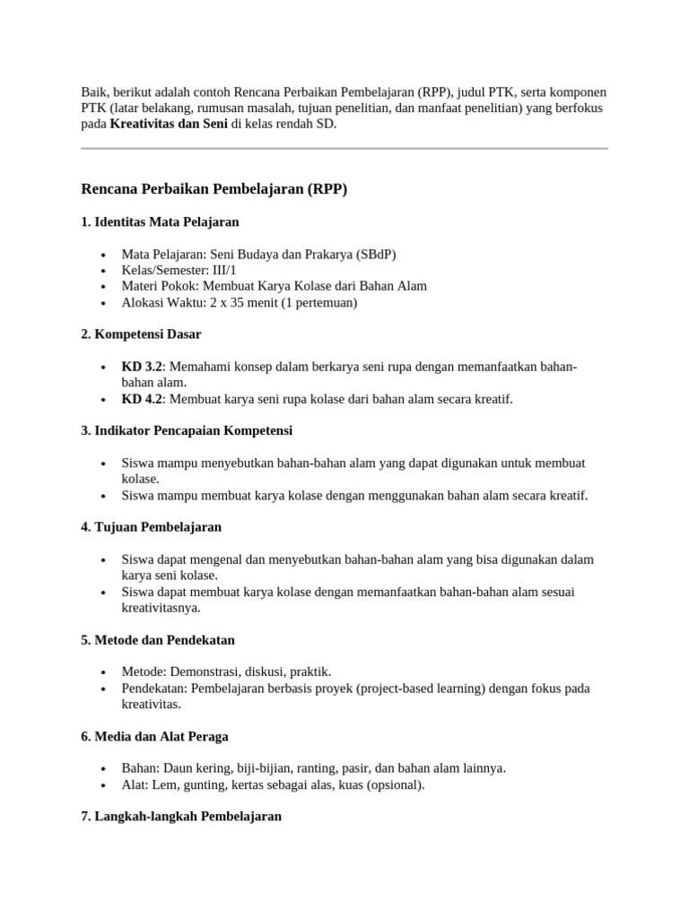 Rencana Perbaikan Pembelajaran (RPP) : Kreativitas Dan Seni | PDF