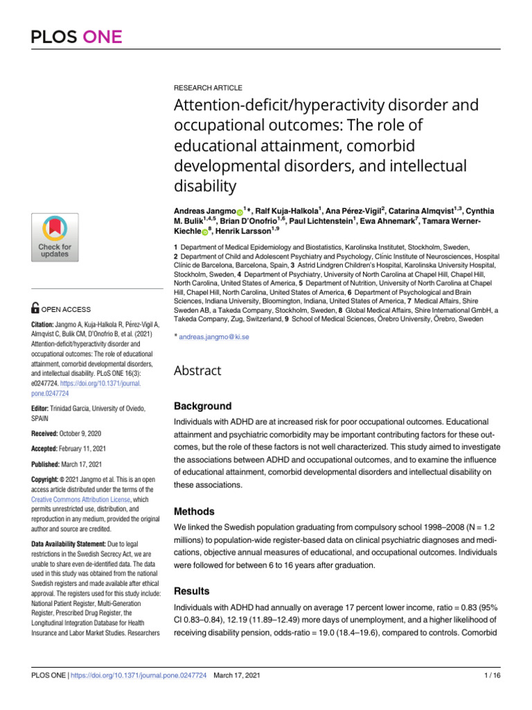 Attention-Deficit-Hyperactivity Disorder and Occupational Outcomes - The Role of Educational ...