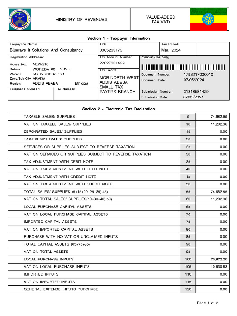 VAT Declaration Form for Ethiopia | PDF | Value Added Tax | Taxes