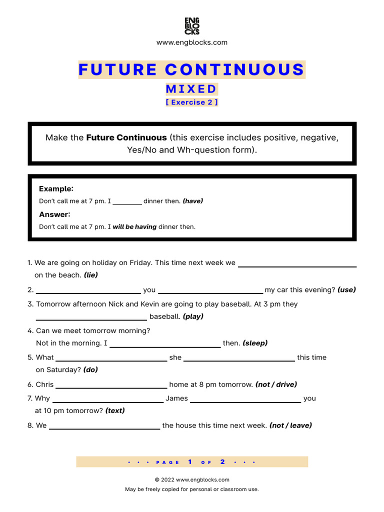 Future Continuous Mixed Exercise 2 | PDF