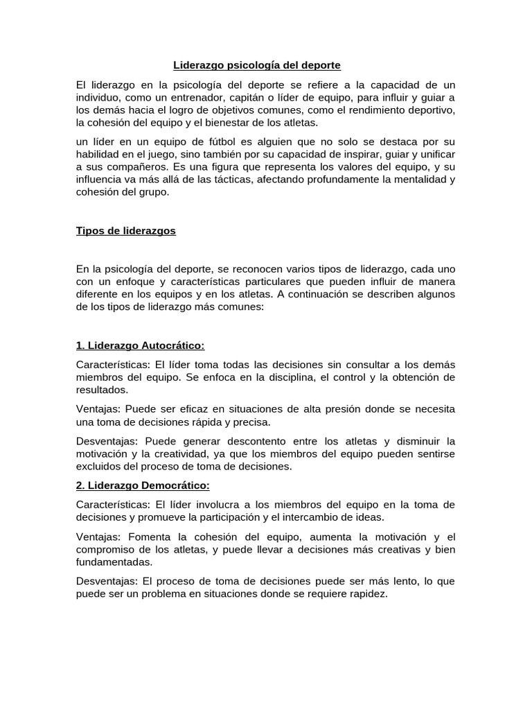 Liderazgo en La Psicologia Del Deporte | PDF | Liderazgo | Comportamiento