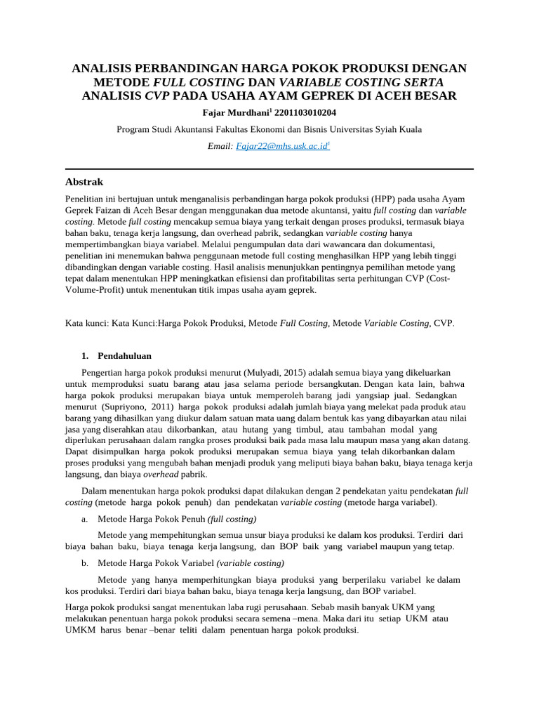 (Paper) Metode Costing Dan CVP - Fajar Murdhani 2201103010204 | PDF