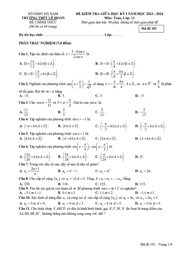 de giua hoc ky 1 toan 11 nam 2023 2024 truong thpt le hoan ha nam Đề | PDF