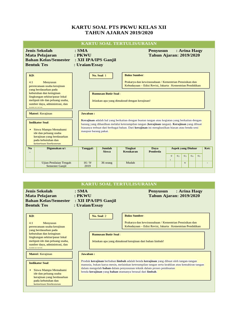 Kartu Soal PTS Pkwu Kelas Xii | PDF