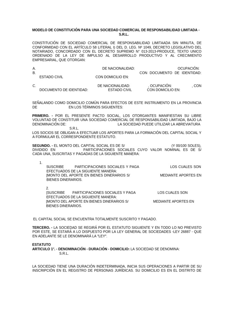 Modelo de Constitución para Una Sociedad Comercial de Responsabilidad Limitada - S.R.L (1 ...