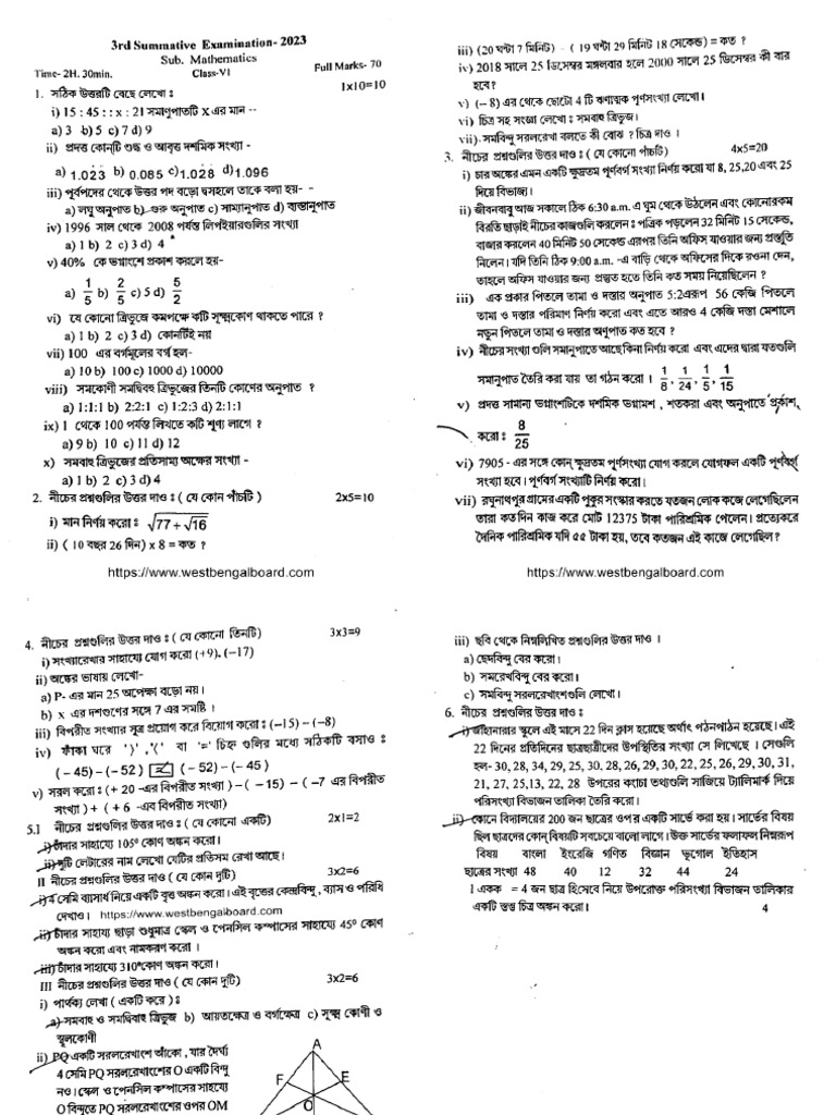 WB Board Class 6 St3 Mathematics 071223 2023 | PDF