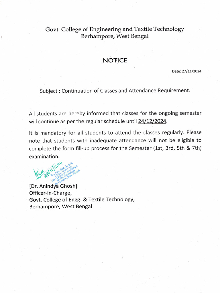 Notice For Continuation of Classes | PDF