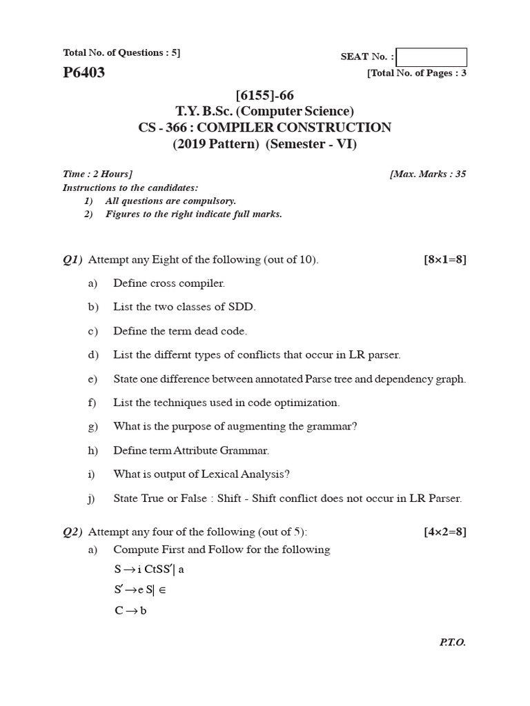 Tybsc (CS) - CS - 366 Compiler Construction-1 | PDF | Parsing | Compiler