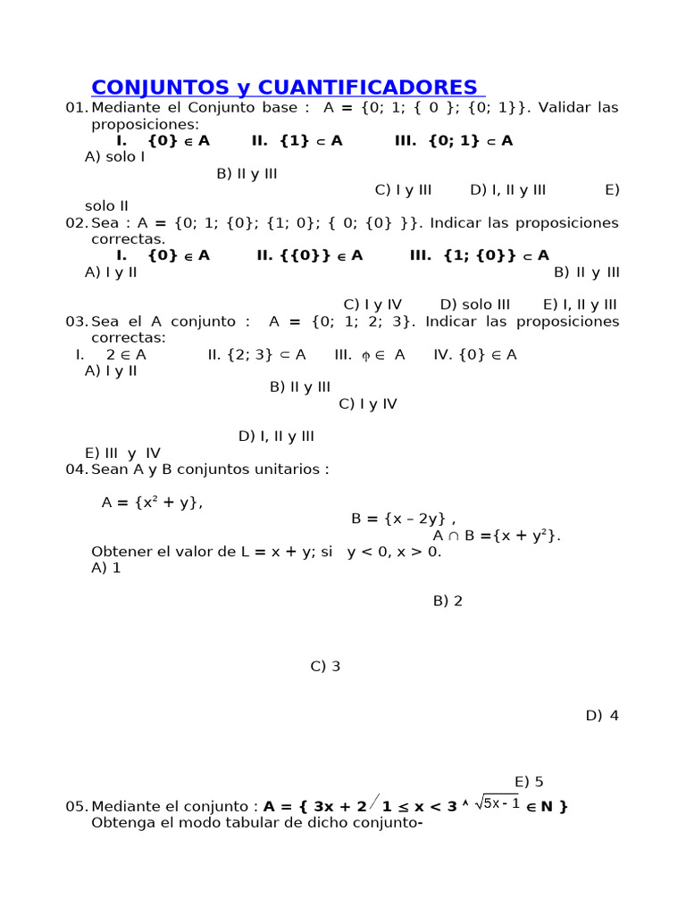 Problemas de Conjuntos y Cuantificadores | PDF | Expresiones lógicas | Sintaxis