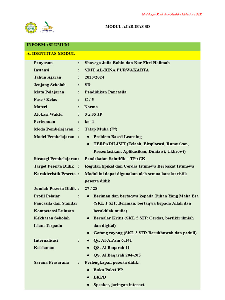 Modul Ajar Fase C Kelas 5 PP | PDF