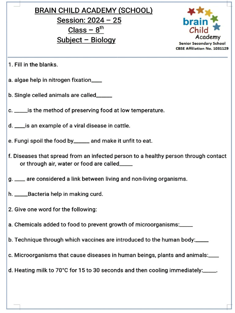 Worksheet Class-8th Biology Ch-2 | PDF