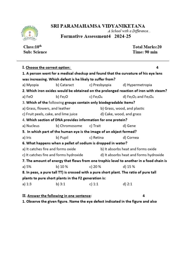 FA4 10th Science (2024-25) | PDF | Human Eye | Atoms