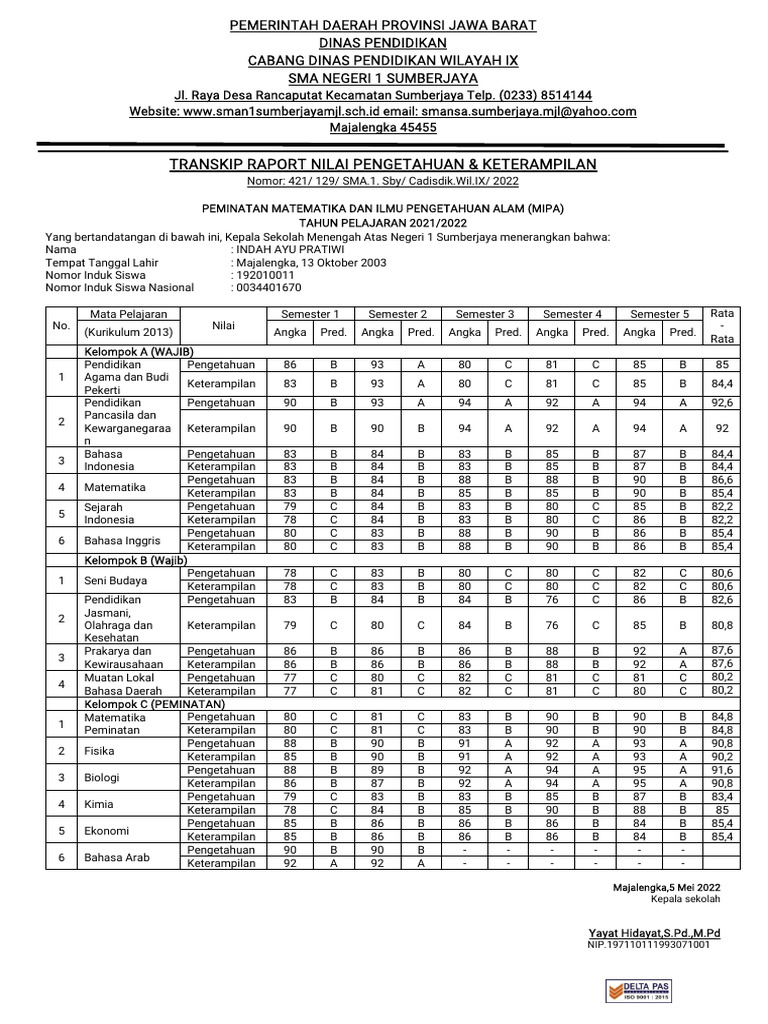 Format Transkrip Nilai Rapor PK Semester 1 5 | PDF