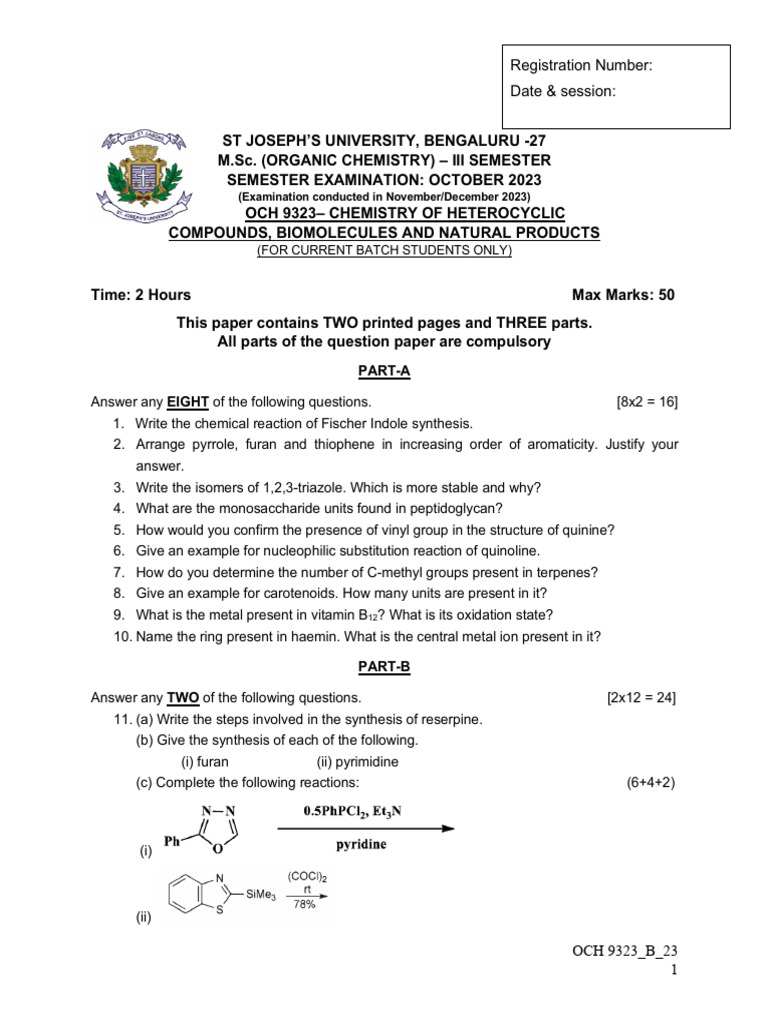 OCH 9323 CHEMISTRY OF HETEROCYCLIC COMPOUNDS, BIOMOLECULES AND NATURAL PRODUCTS - 3rd Sem - PG ...