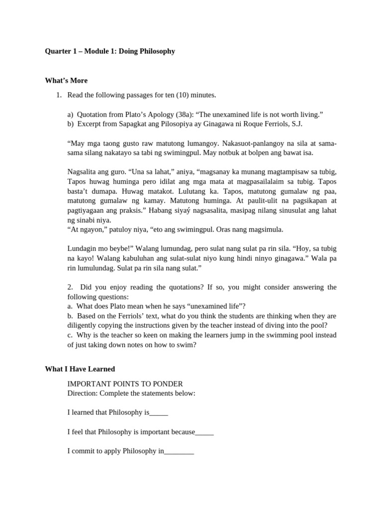 Quarter 1 - Module 1 Doing Philosophy | PDF