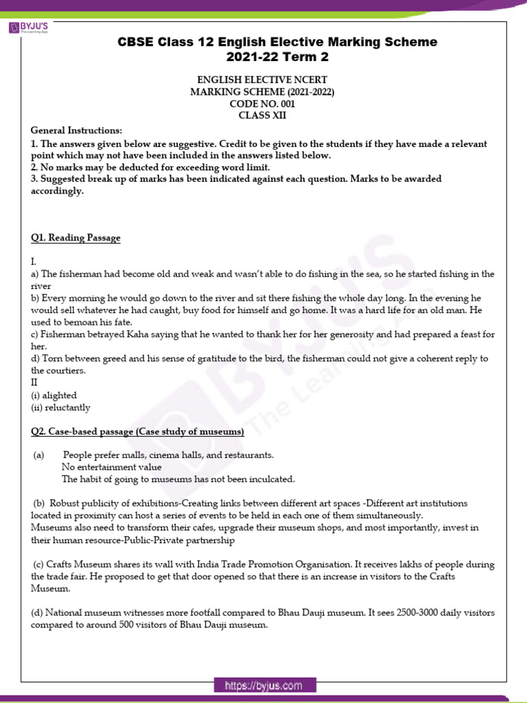 CBSE Class 12 English Elective Marking Scheme 2021 22 Term 2 | PDF