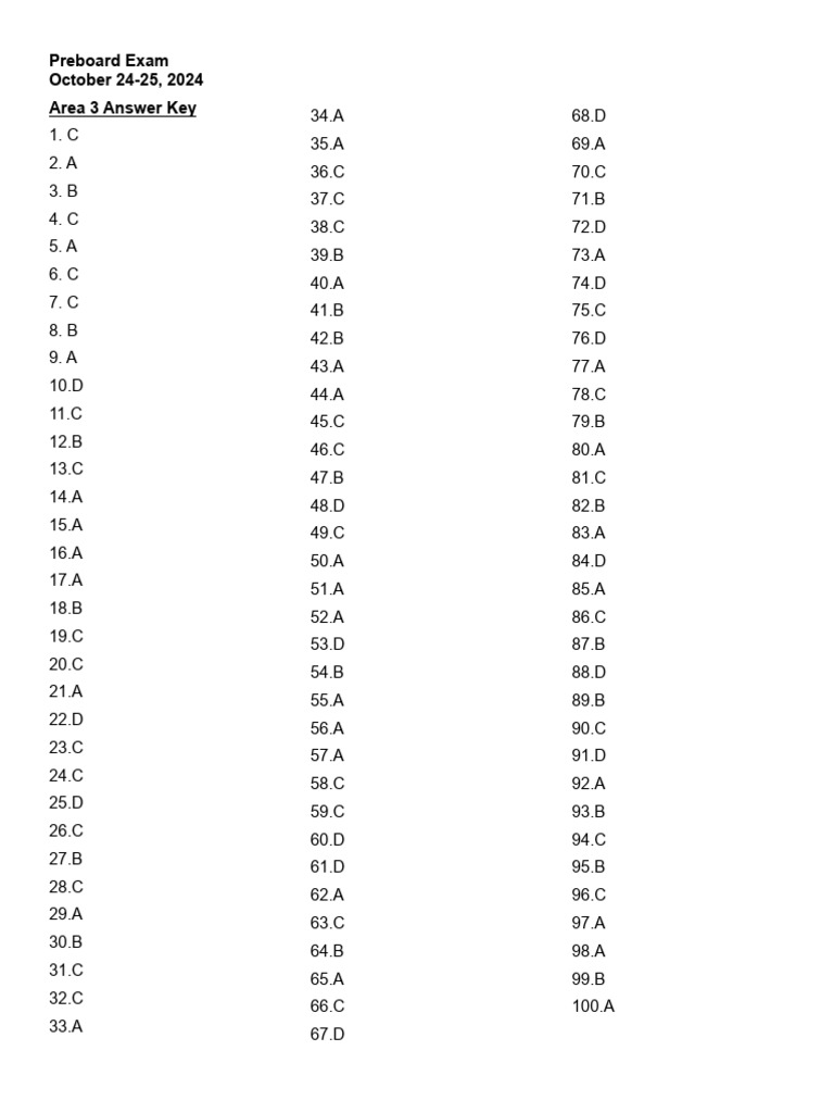 Area 3 Exam Answer Key | PDF