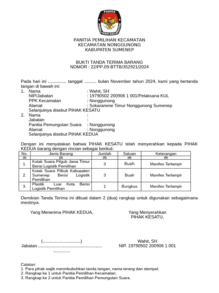 BTTB Logistik Pemilihan Tahun 2024 Ppk-Pps Nonggunong | PDF