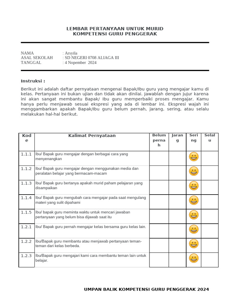 Lembar Kuisioner Murid SD III - VI Ok | PDF