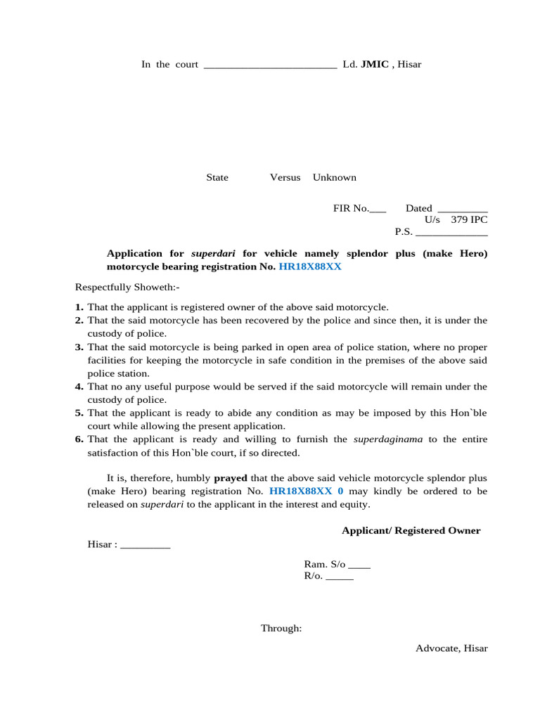 Application For Superdari of Motorcycle | PDF