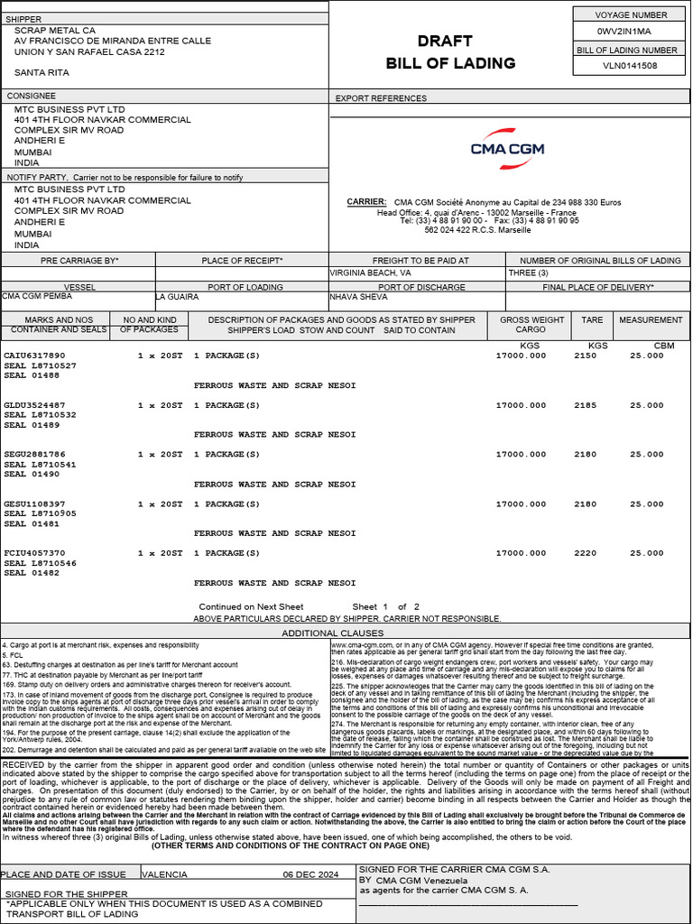 Bill of Lading Draft: Carrier | PDF | Bill Of Lading | Cargo