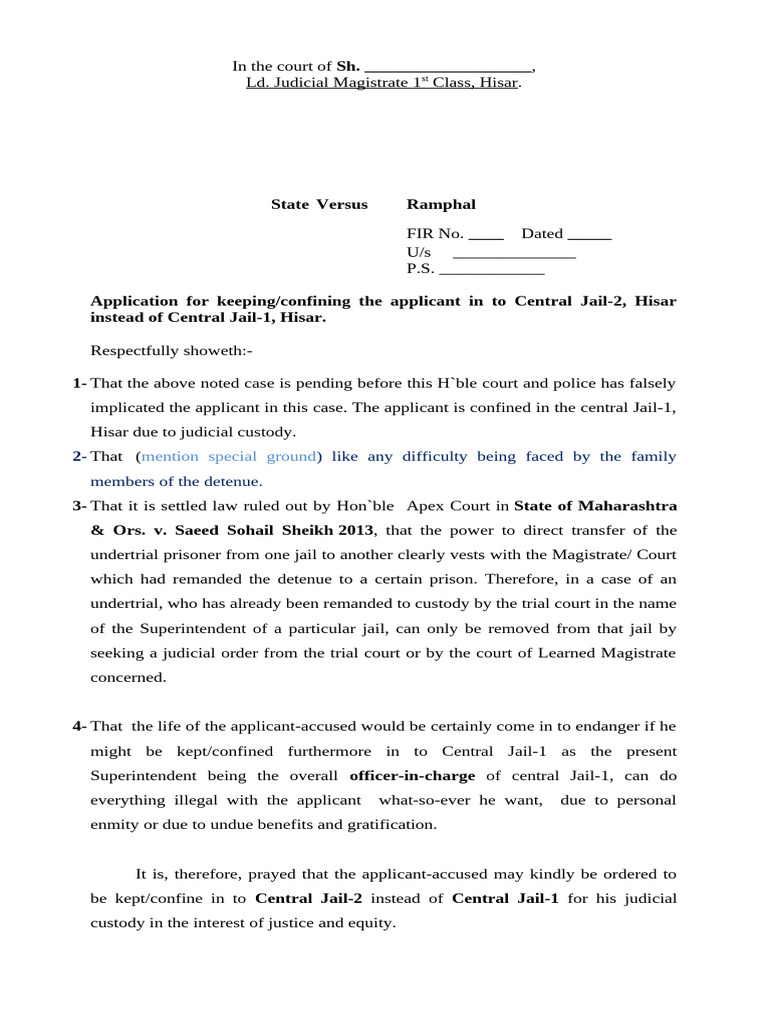 Application for Jail Transfer to Hisar-2 | PDF