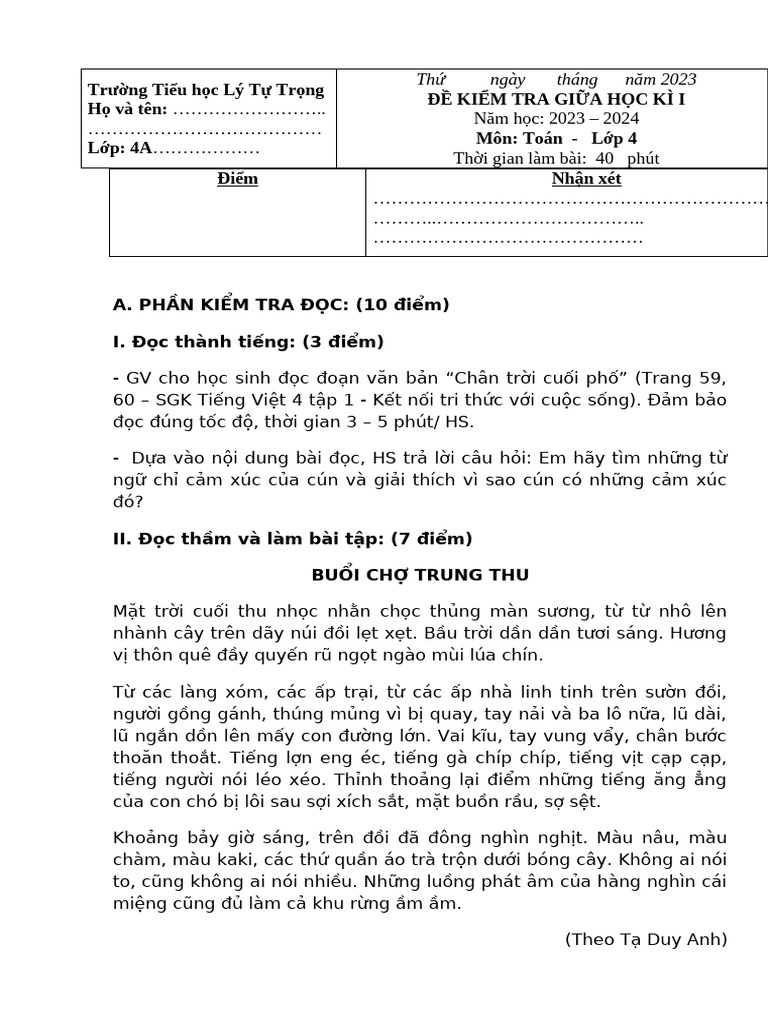 De TV Giua Ki 1 Lop4 - KNTT | PDF