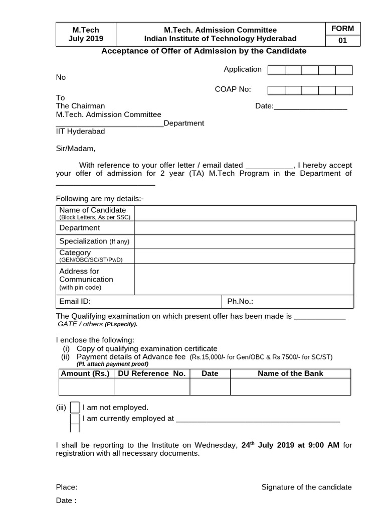 Form 1, 2 - 3 - M.tech Acceptance Forms | PDF