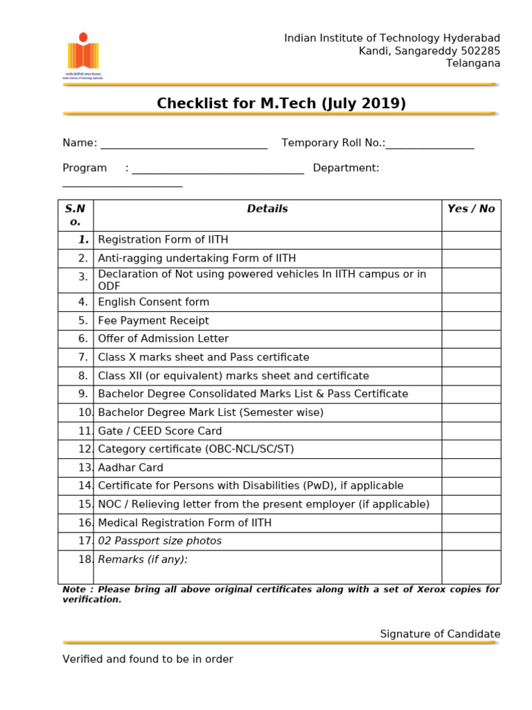 M.tech - Checklist | PDF