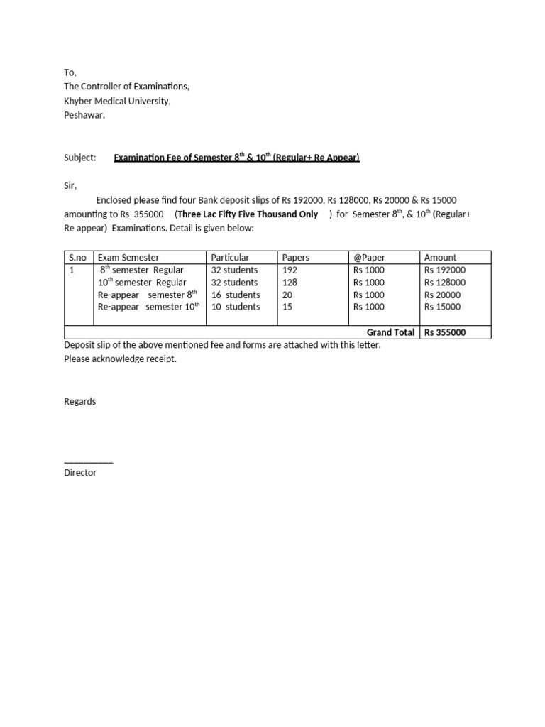 DPT Examination Fee Covering Letter | PDF