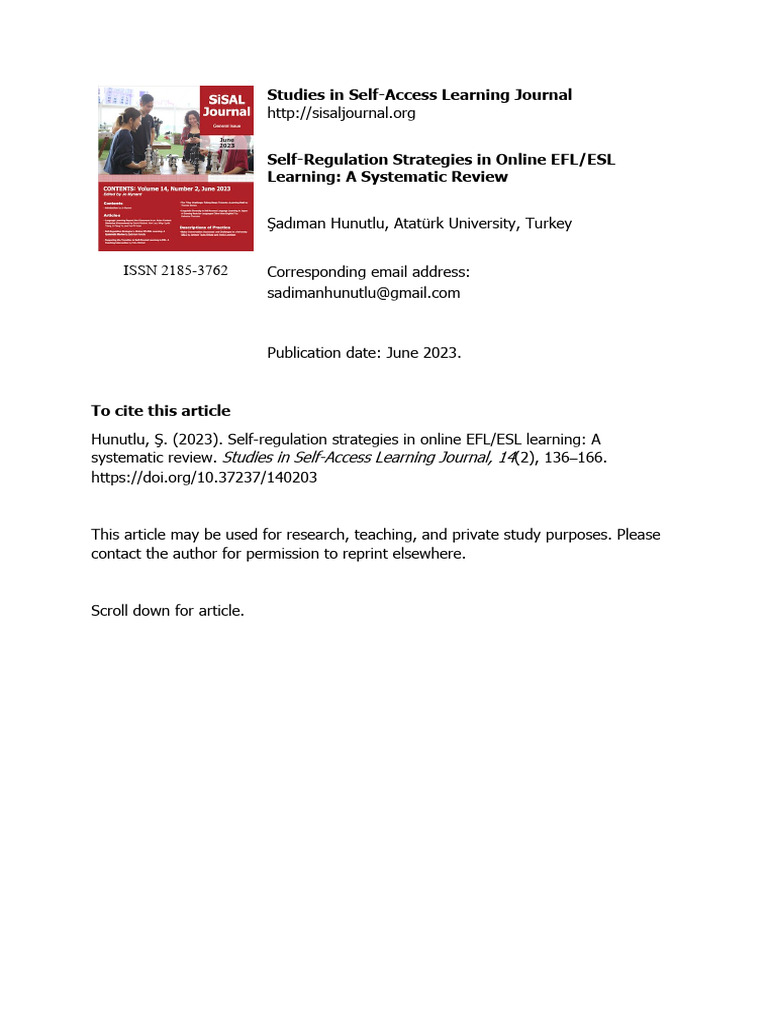 Studies in Self-Access Learning Journal: ISSN 2185-3762 | PDF | Learning | Self Efficacy